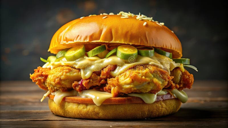 Juicy Fried Chicken Burger Topped with Melted Cheese and Pickles on a ...