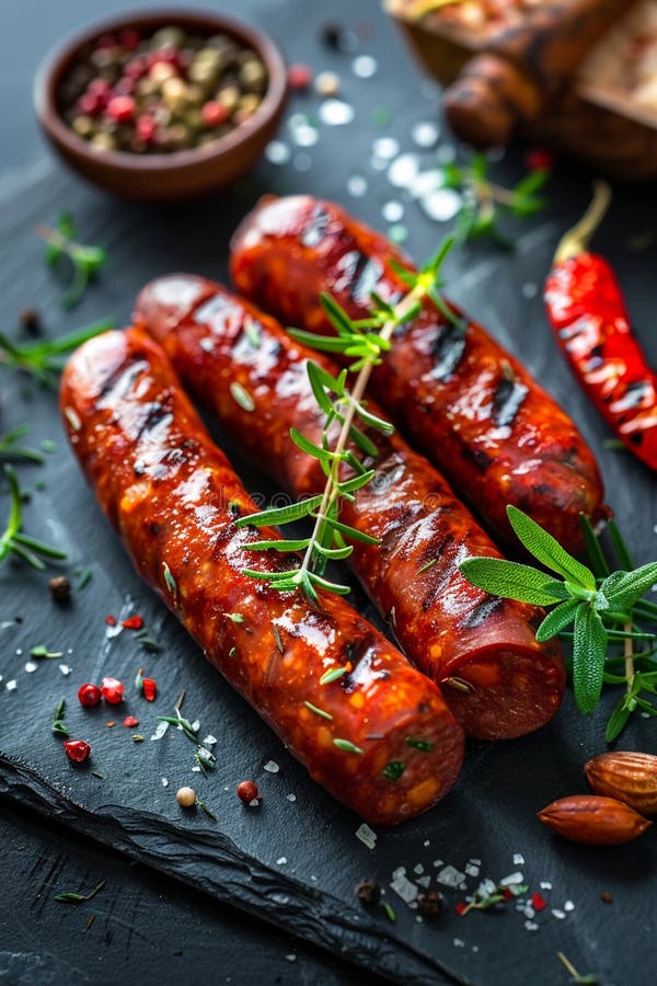 Juicy Fried Sausages with Greens Close-up Stock Photo - Image of lunch ...