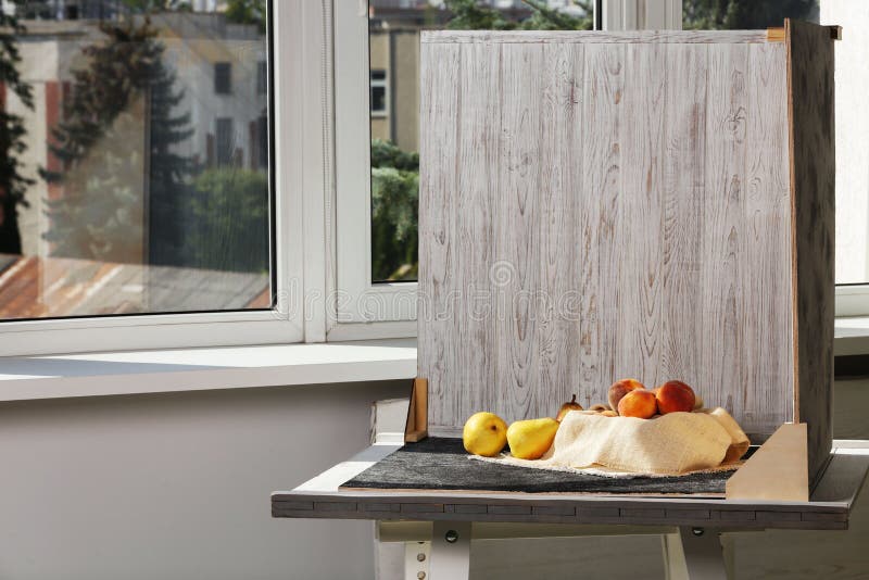 Juicy Fruits and Double-sided Backdrops on Table in Photo Studio. Space ...