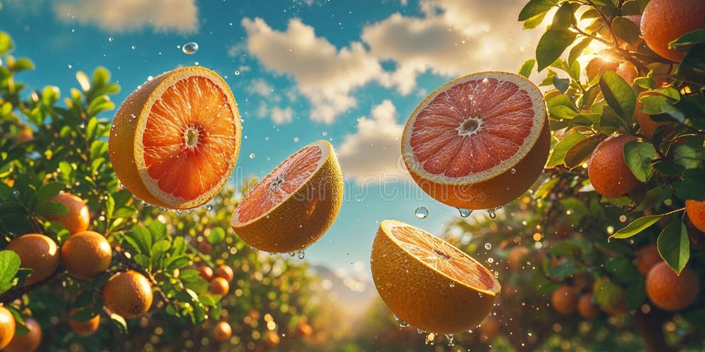 Juicy Grapefruit Halves Sunset Orchard Sunlight. Stock Image - Image of ...