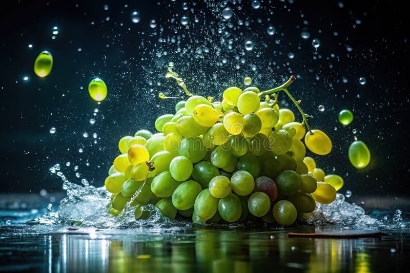 Juicy Grapes Exploding in a Nighttime Water Splash a Vibrant Still Life ...