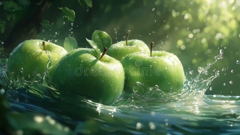 Juicy Green Apples Splashing in Pure Water Stock Illustration ...