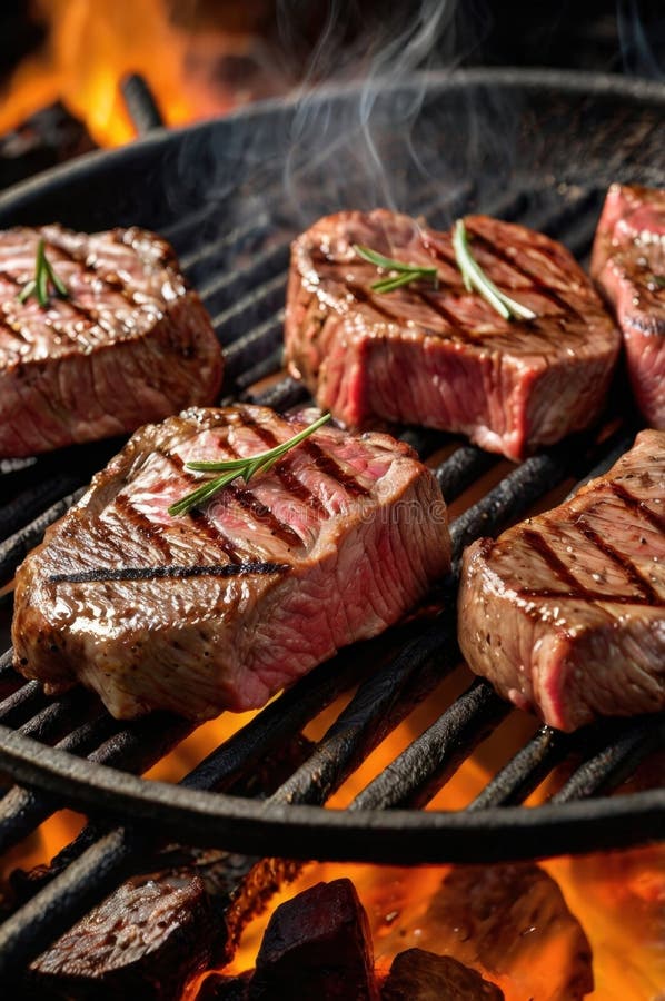 Juicy Grilled Beef Steaks on Flaming BBQ Grill Stock Illustration ...