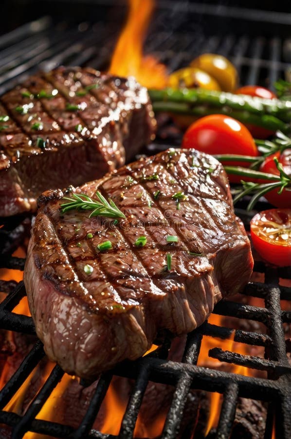 Juicy Grilled Beef Steaks on Flaming BBQ Grill Stock Illustration ...