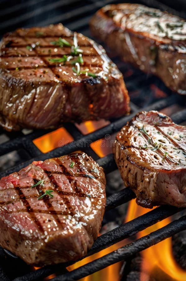 Juicy Grilled Beef Steaks on Flaming BBQ Grill Stock Illustration ...