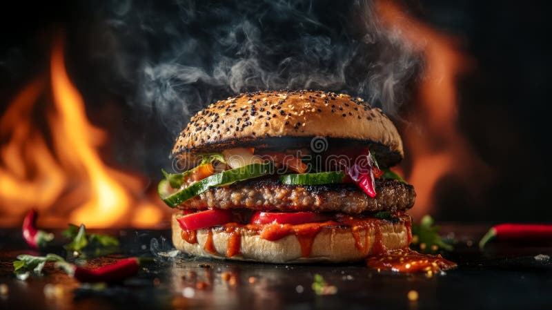 Juicy Grilled Burger with Spicy Toppings and Smoke in Background Stock ...