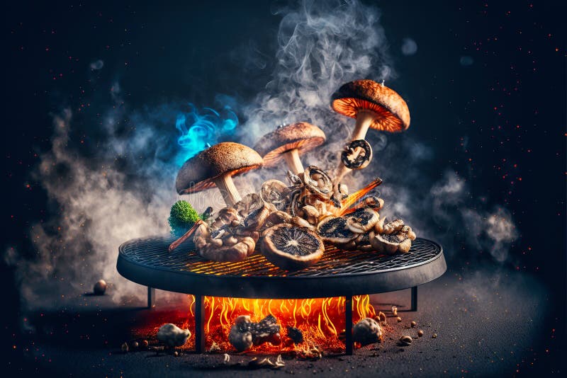 Juicy Grilled Mushrooms with Smoke and Fire in the Background Stock ...