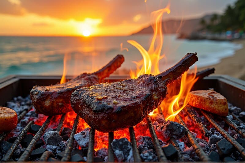 Juicy Grilled Pork Chops on Beach at Sunset with Fiery Flames and Ocean ...