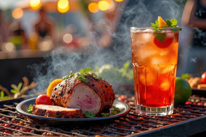Juicy Grilled Pork Roast and Refreshing Iced Tea at Outdoor Barbecue ...