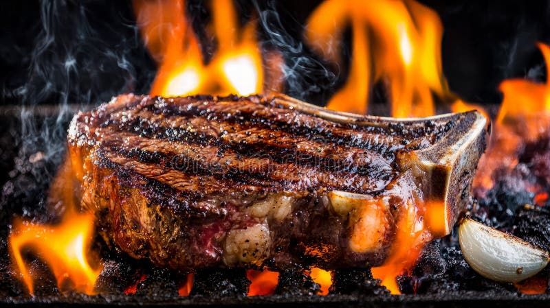 Juicy Grilled Rib Eye Steak on Barbecue with Flames Stock Photo - Image ...