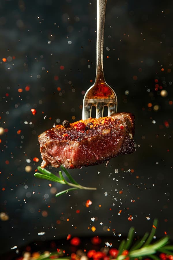 Juicy Grilled Steak on Fork with Herbs and Spices Falling Dramatically ...