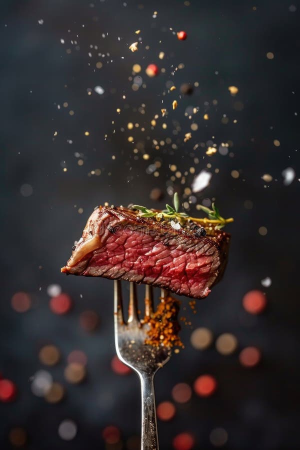 Juicy Grilled Steak on Fork with Herbs and Spices Falling Dramatically ...