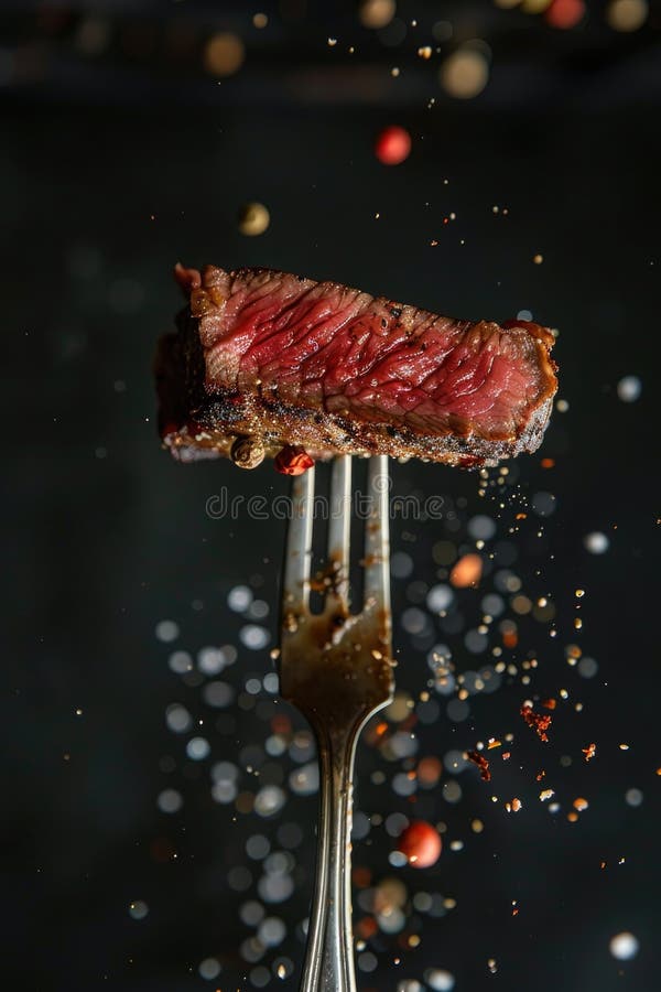 Juicy Grilled Steak on Fork with Herbs and Spices Falling Dramatically ...