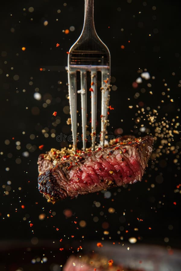 Juicy Grilled Steak on Fork with Herbs and Spices Falling Dramatically ...