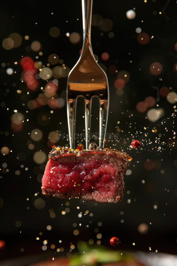 Juicy Grilled Steak on Fork with Herbs and Spices Falling Dramatically ...