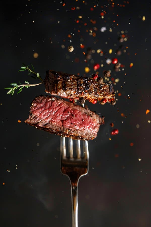 Juicy Grilled Steak on Fork with Herbs and Spices Falling Dramatically ...