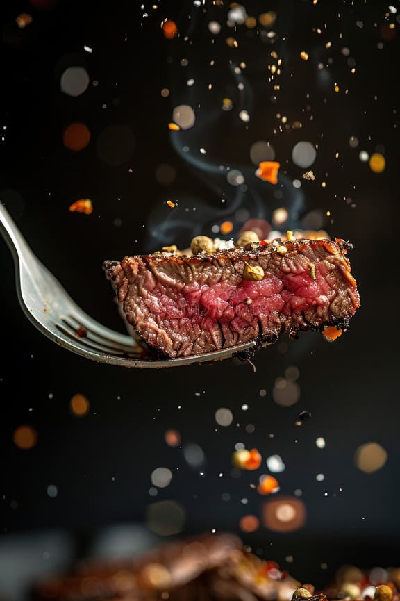 Juicy Grilled Steak on Fork with Herbs and Spices Falling Dramatically ...