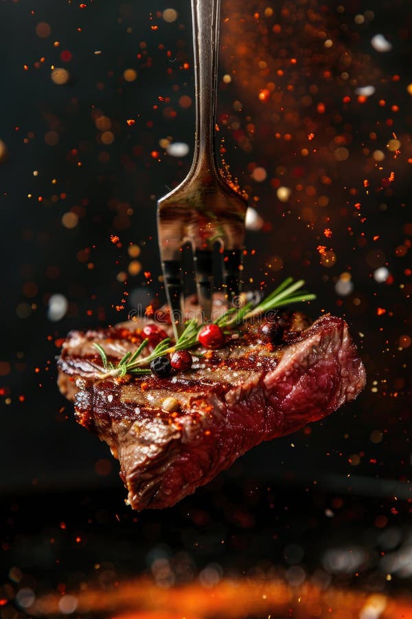 Juicy Grilled Steak on Fork with Herbs and Spices Falling Dramatically ...