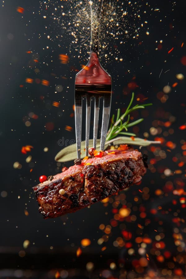Juicy Grilled Steak on Fork with Herbs and Spices Falling Dramatically ...