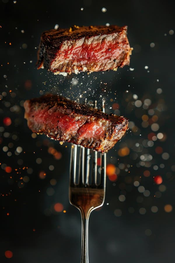 Juicy Grilled Steak on Fork with Herbs and Spices Falling Dramatically ...