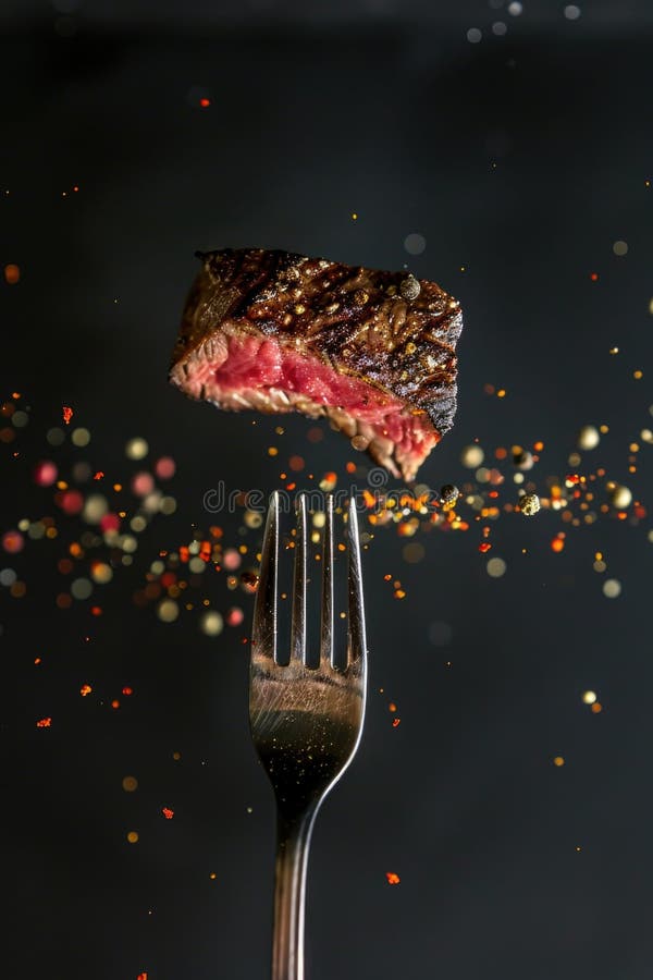 Juicy Grilled Steak on Fork with Herbs and Spices Falling Dramatically ...