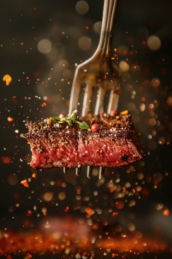 Juicy Grilled Steak on Fork with Herbs and Spices Falling Dramatically ...