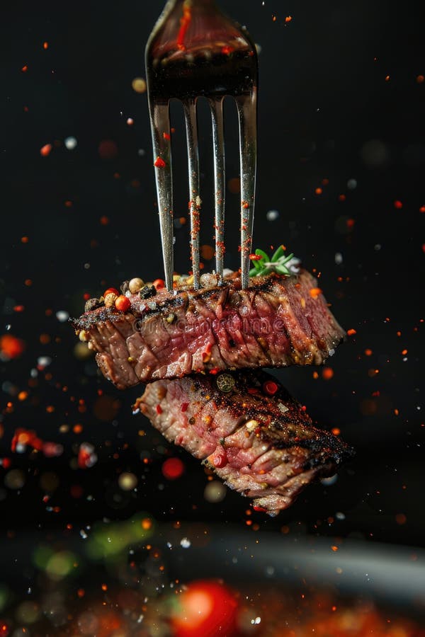 Juicy Grilled Steak on Fork with Herbs and Spices Falling Dramatically ...