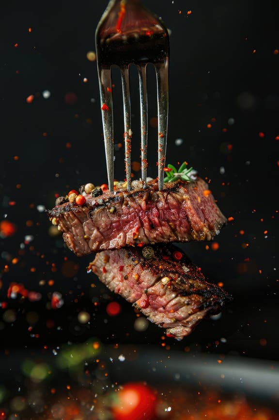 Juicy Grilled Steak on Fork with Herbs and Spices Falling Dramatically ...