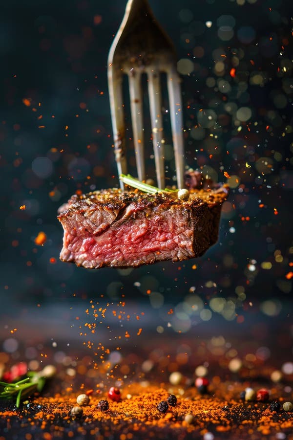 Juicy Grilled Steak on Fork with Herbs and Spices Falling Dramatically ...