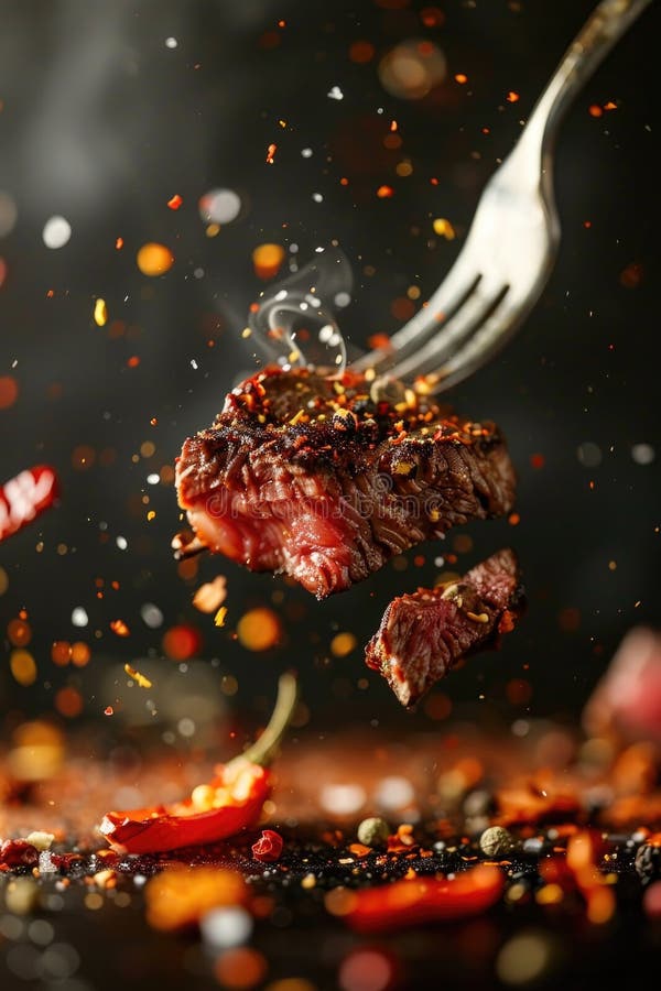 Juicy Grilled Steak on Fork with Herbs and Spices Falling Dramatically ...