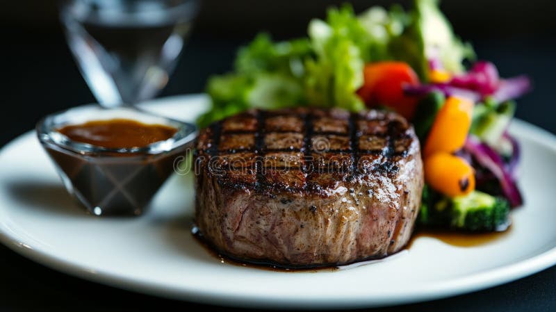 Juicy Grilled Steak with Fresh Salad and Sauce on White Plate in Rustic ...