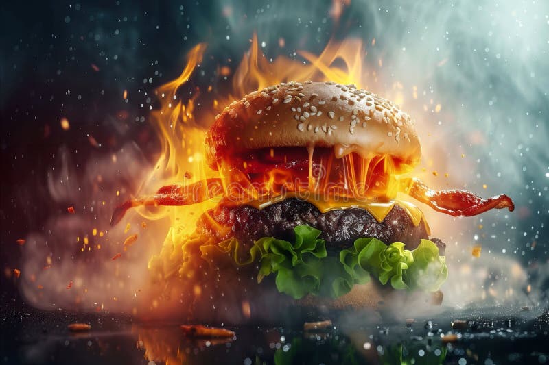 Juicy Hamburger with Crispy Bacon, Melting Cheddar Cheese, Lettuce, on ...