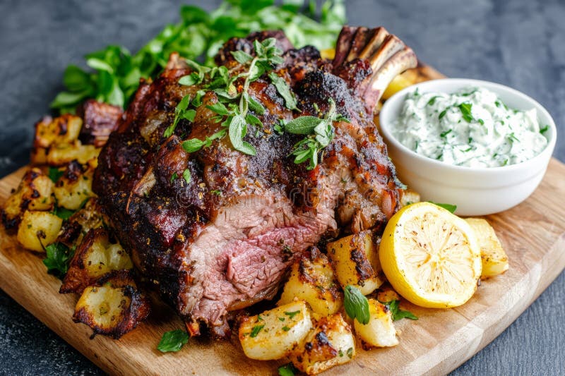 Juicy Herb Crusted Roast Beef with Grilled Lemon and Fresh Herbs on a ...