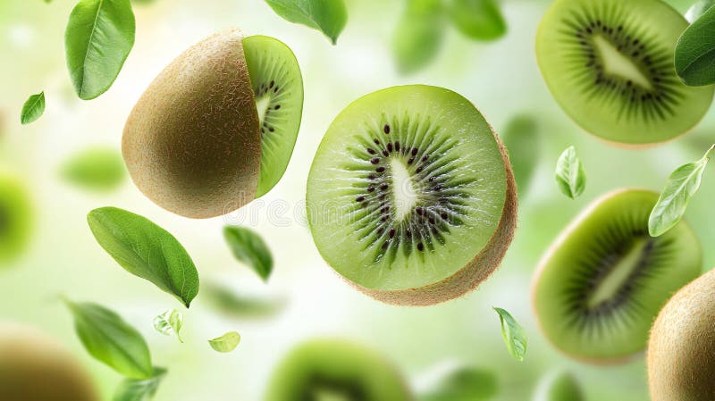 Juicy Kiwi with Half Slices Falling or Floating in the Air Stock ...