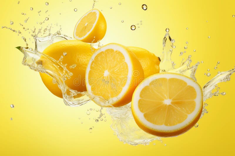 Juicy Lemons Flying in the Air with Splashes of Water on Yellow ...