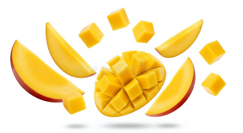 Juicy Mango Explosion: Fresh Slices & Cubes Flying in Air, Isolated on ...