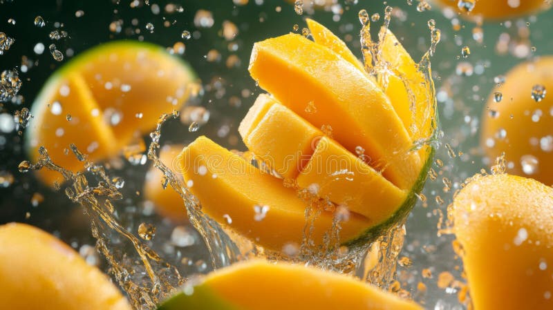 Juicy Mango Slices Splashing in Water Stock Illustration - Illustration ...