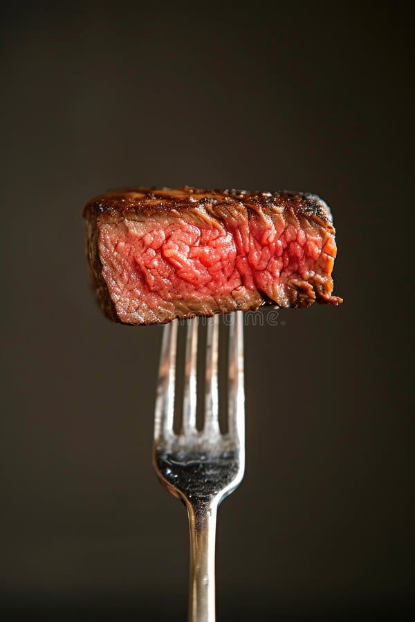 Juicy Medium Rare Steak on a Fork Against a Dark Background Stock Image ...