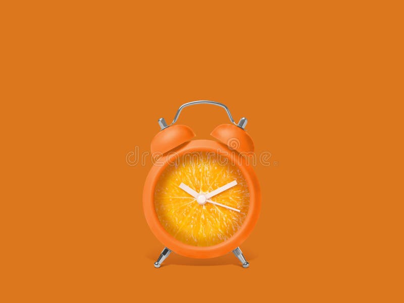 Juicy Orange on Alarm Clock Dial Against Dark Orange Background ...