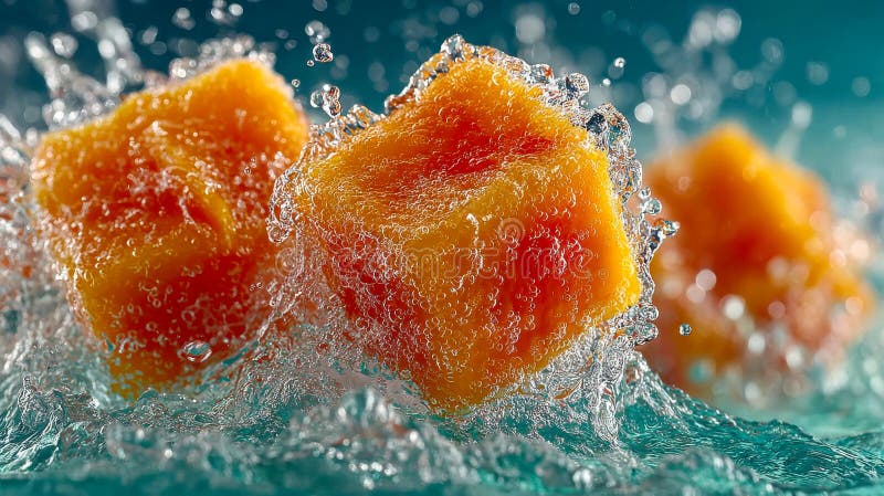 Juicy Orange Mango Cubes Splash into Clear Water with Sparkling Bubbles ...