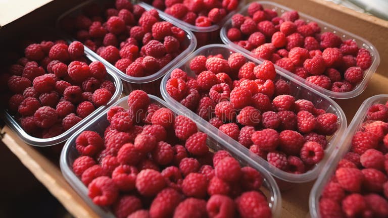Juicy Organic Raspberries in Plastic Boxes Inside a Box. Stock Photo ...