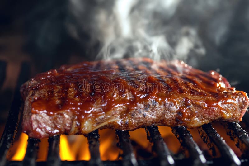 A Juicy Piece of Meat Sizzling on a Hot Grill Stock Photo - Image of ...