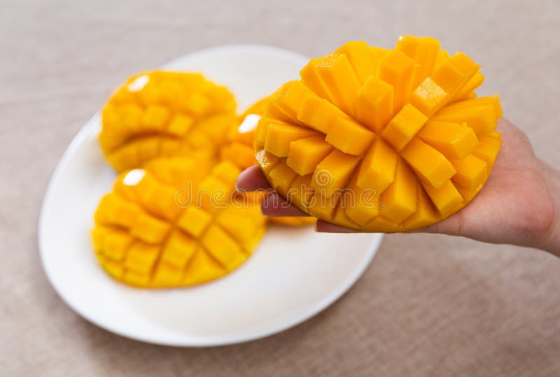 Pieces of Ripe Mango Served on Platter Stock Image - Image of cafe ...