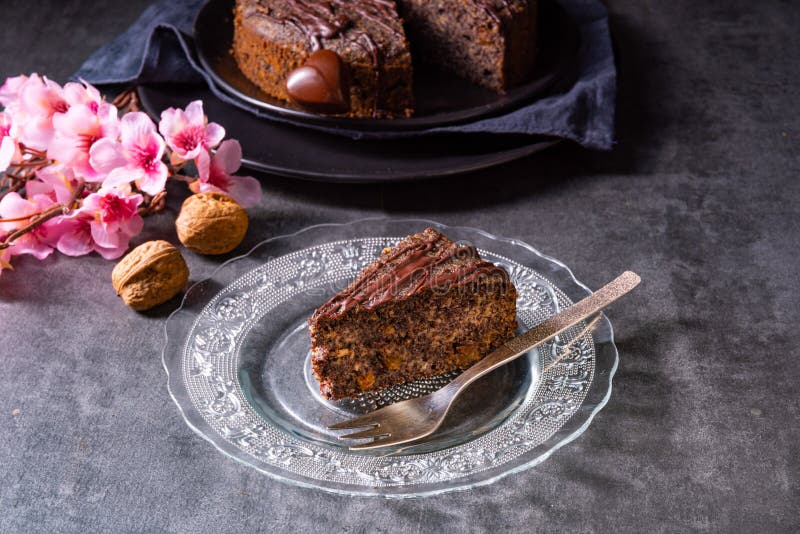 Juicy Poppy Seed Cake with Apples and Chocolate Glaze Stock Photo ...