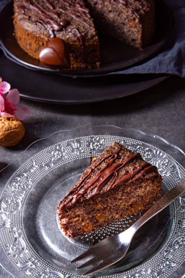 Juicy Poppy Seed Cake with Apples and Chocolate Glaze Stock Photo ...