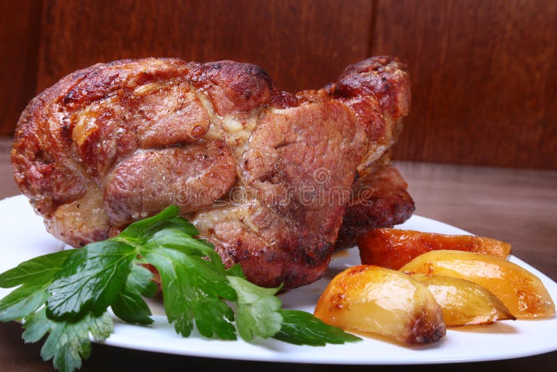 Juicy Pork Neck Chops are Grilled with Potatoes on a White Plate. Stock ...