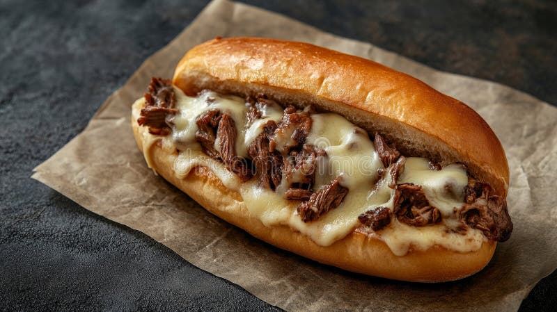 Juicy Pulled Beef Sandwich with Melted Cheese on Rustic Brown Paper ...