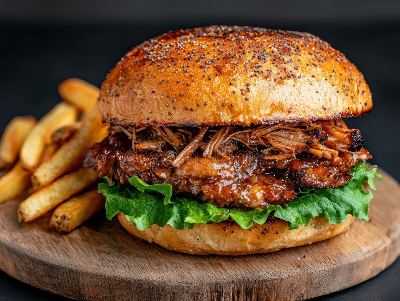 Juicy Pulled Pork Burger with Crispy Fries Stock Illustration ...