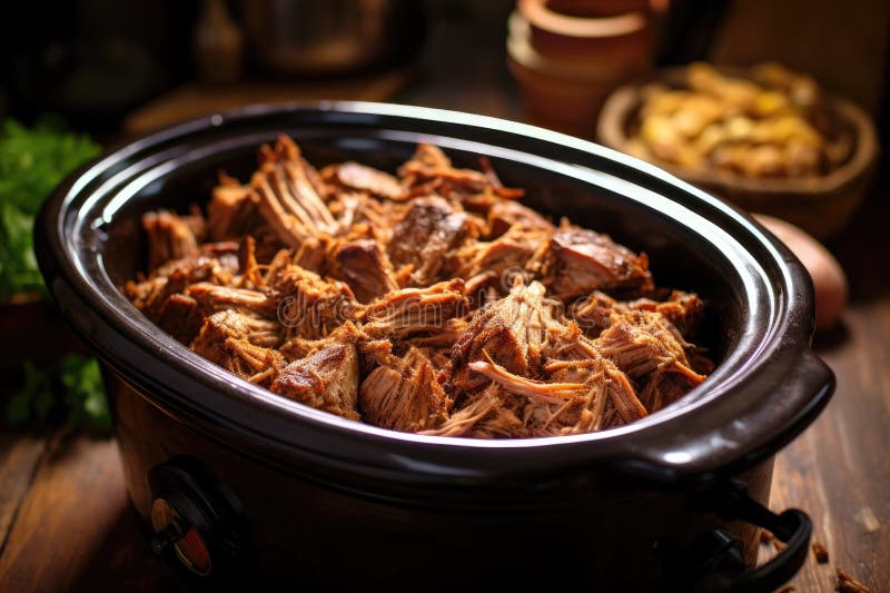 Juicy Pulled Pork in Slow Cooker Stock Image - Image of cooking ...