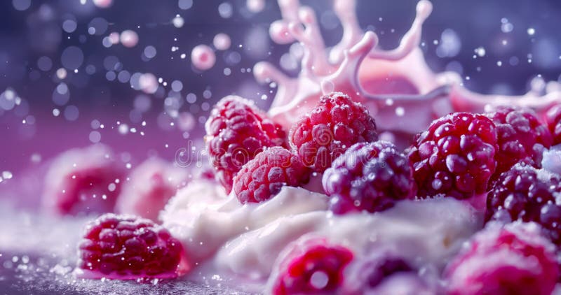 Juicy Raspberries Create a Splash As they Fall into a Bowl of Creamy ...